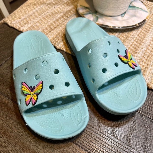 CROCS | Shoes | Crocs Classic Slide Sandals Butterfly Jibbitz Comfort ...